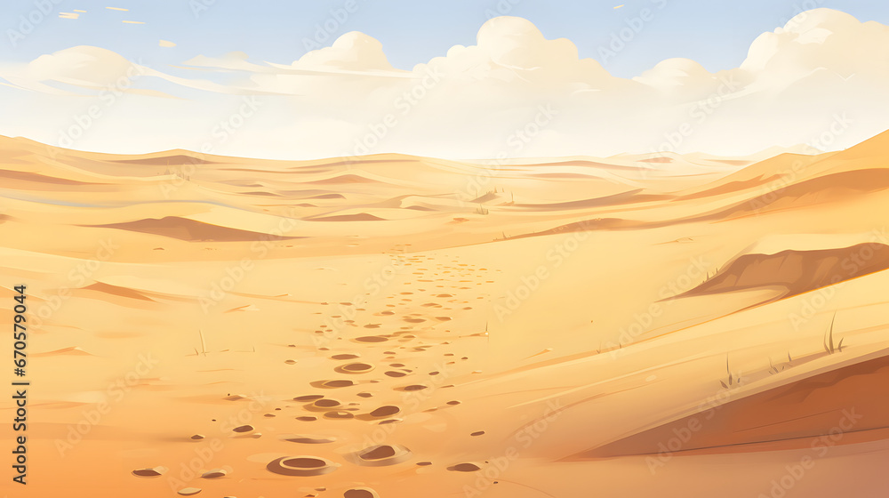 Sand dunes with footprints leading into the distance, anime style ...