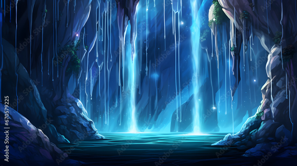 Waterfall cascading into a cave, anime style, landscape background ...