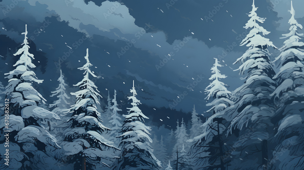 Snow-covered pine trees in a winter storm, anime style, landscape ...