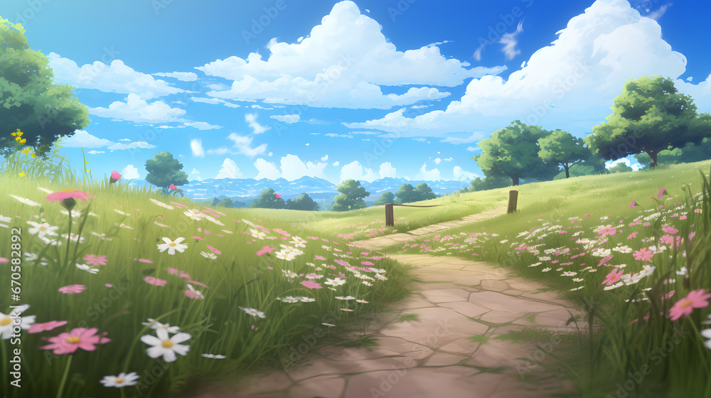 Path through a field of wildflowers, anime style, landscape background ...