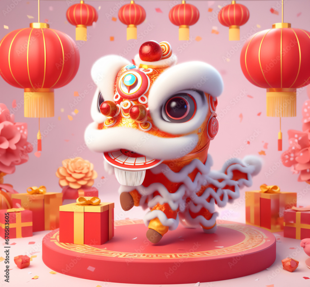 Cute lion dance, Chinese traditional lion dance performance, New Year ...
