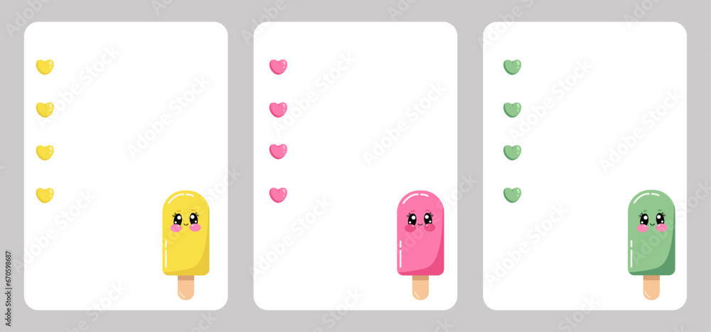Set of cute note organizer, check list, to do list with cute kawaii ice ...