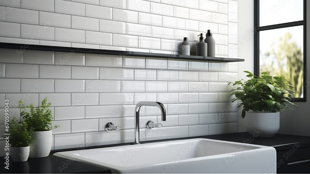 a modern subway tile pattern with clean lines and a glossy finish for a ...