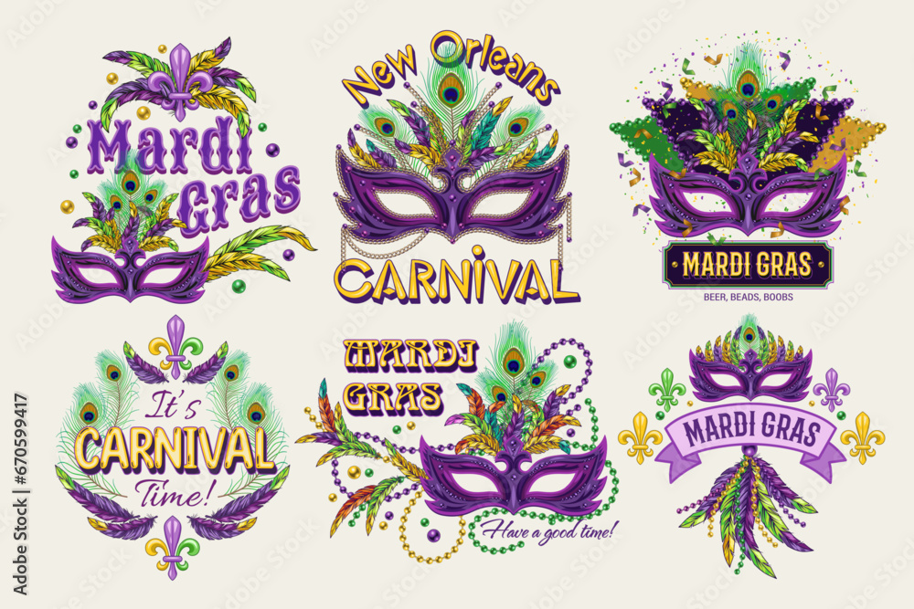 Set of 6 colorful labels with text for carnival Mardi Gras decoration ...