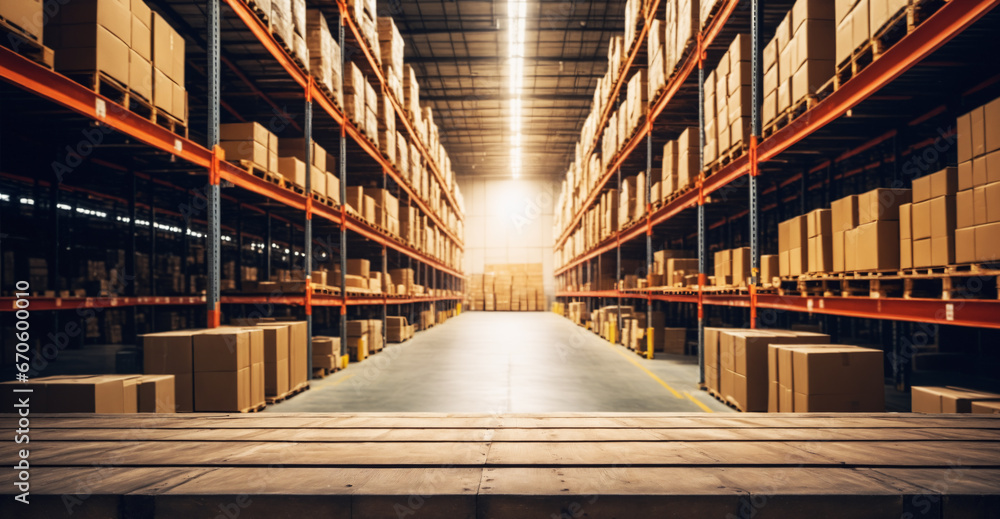 Bare wooden surface against a dimly lit storage warehouse background ...