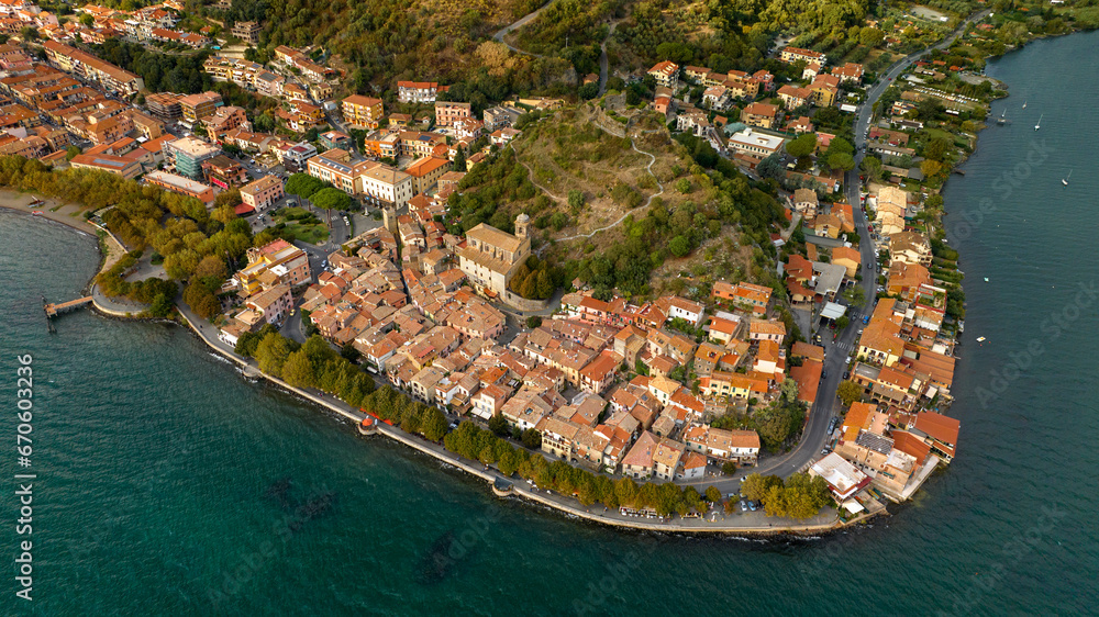 Aerial view of the historic center of Trevignano Romano. It is a small ...