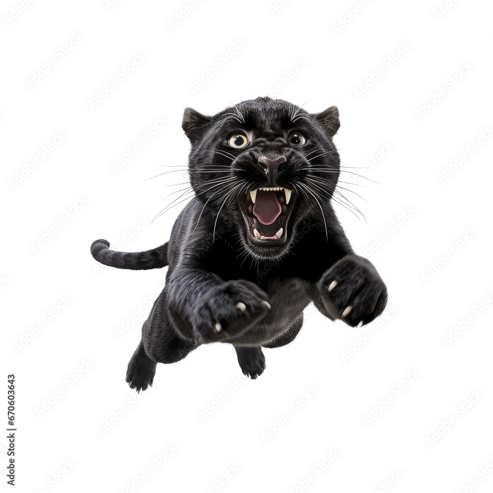 cute black panther jumping and laughing on isolated transparent ...
