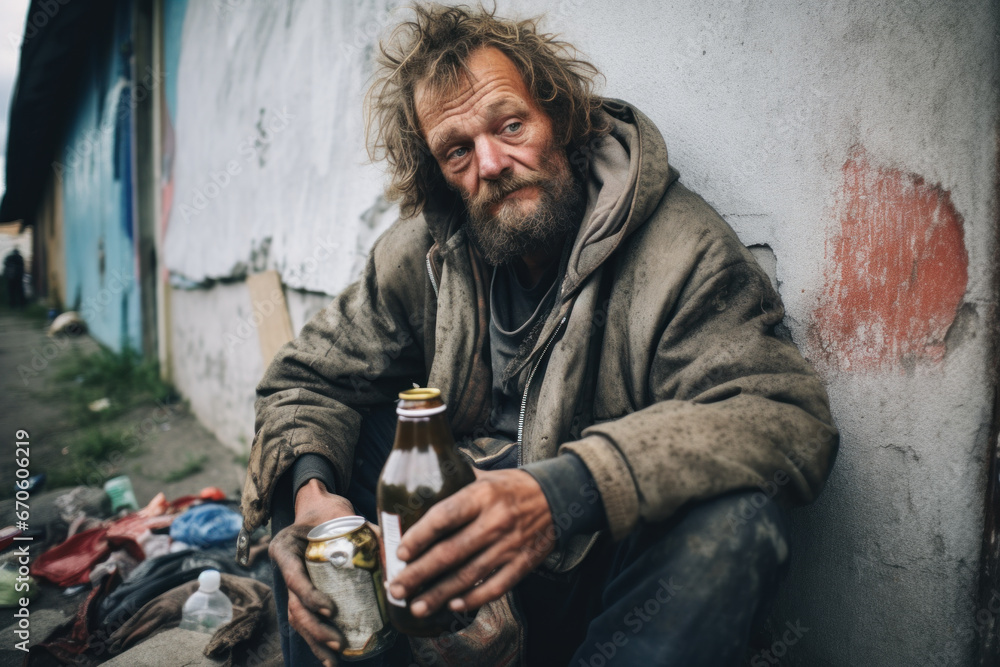 Middle aged homeless alcoholic man sitting on pavement with booze Stock ...