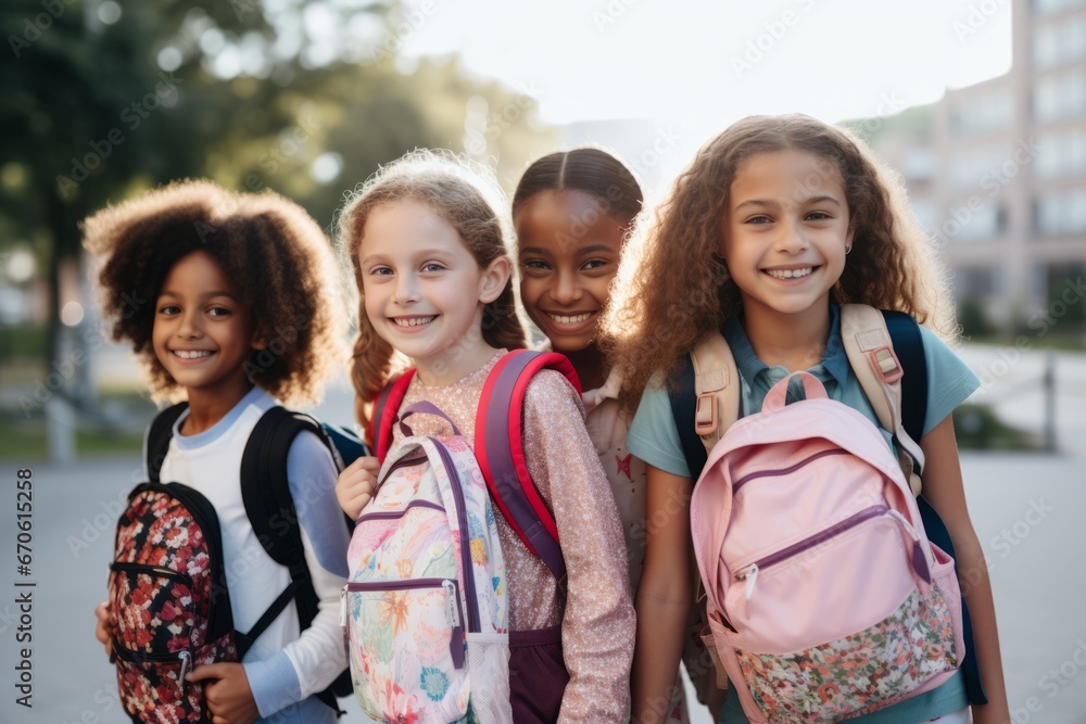 Happy schoolgirls group hugging and looking at camera. Smiling ...