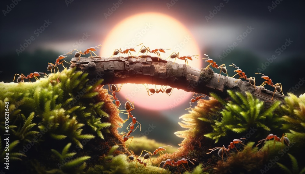 Captivating scene of ants traversing a wooden bridge amidst lush moss ...