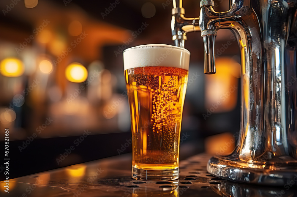 Refreshing Draft Cold Beer Pouring into a Glass from the Tap in a ...