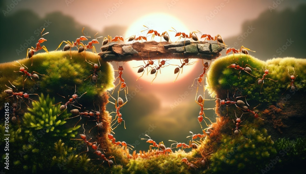 Captivating scene of ants traversing a wooden bridge amidst lush moss ...