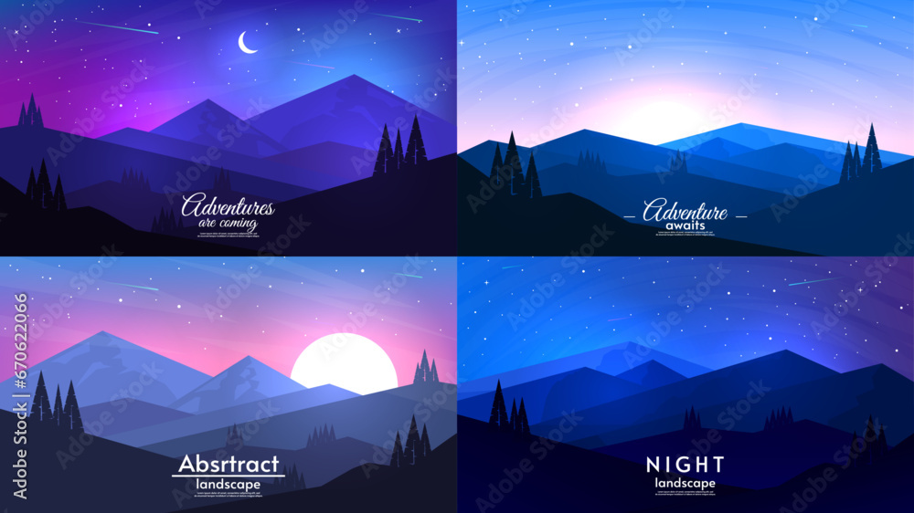 Vetor de Night landscape, flat style. Morning, evening and night ...