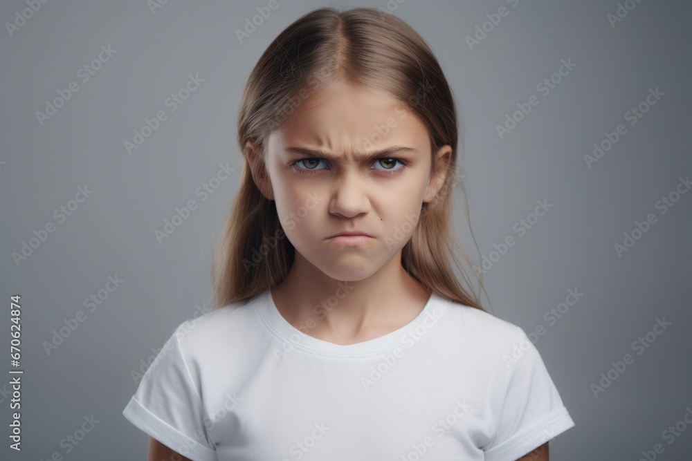 Portrait of a little sullen girl in a home setting, folding her arms ...