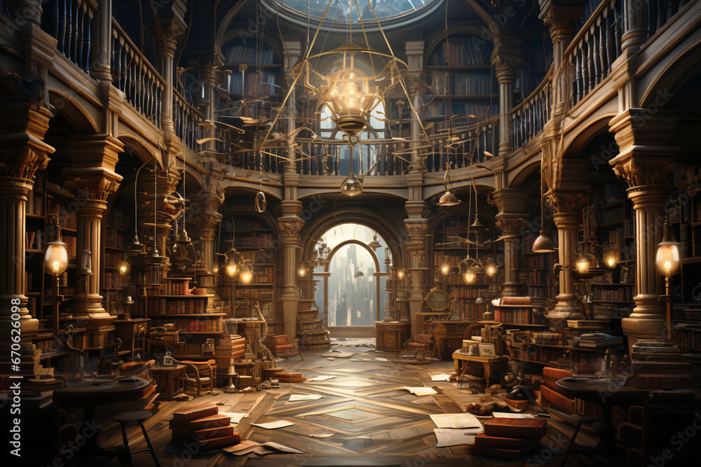 Magical background of a big old library with lots of books and shelves ...