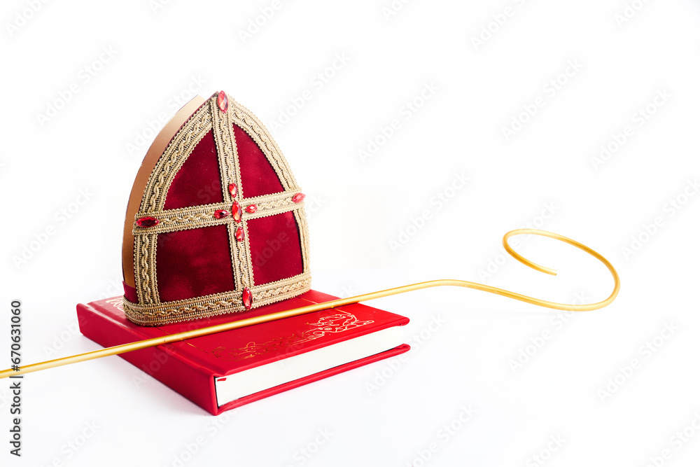 Dutch holiday Sinterklaas background with mitre or mijter staff and ...