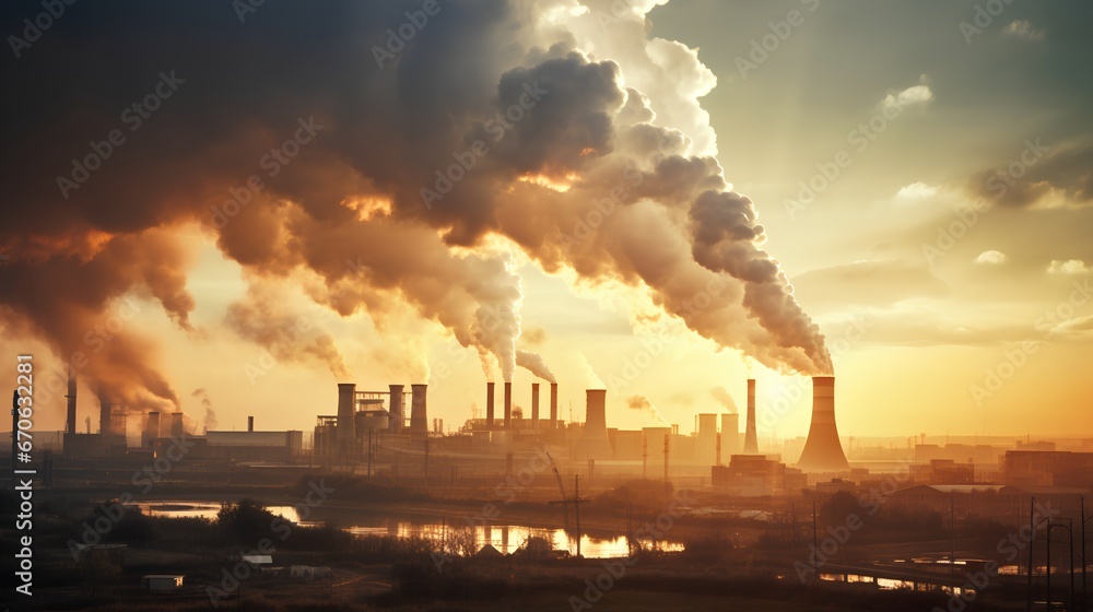 Industrial power plant with thick CO2 smoke from chimney. Pollution and ...
