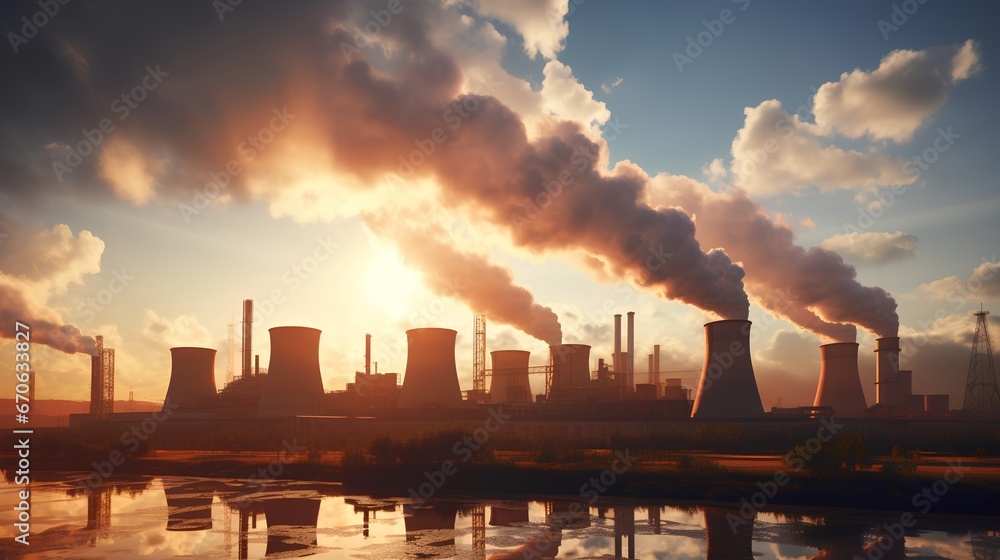 Industrial power plant with thick CO2 smoke from chimney. Pollution and carbon dioxide emissions ...