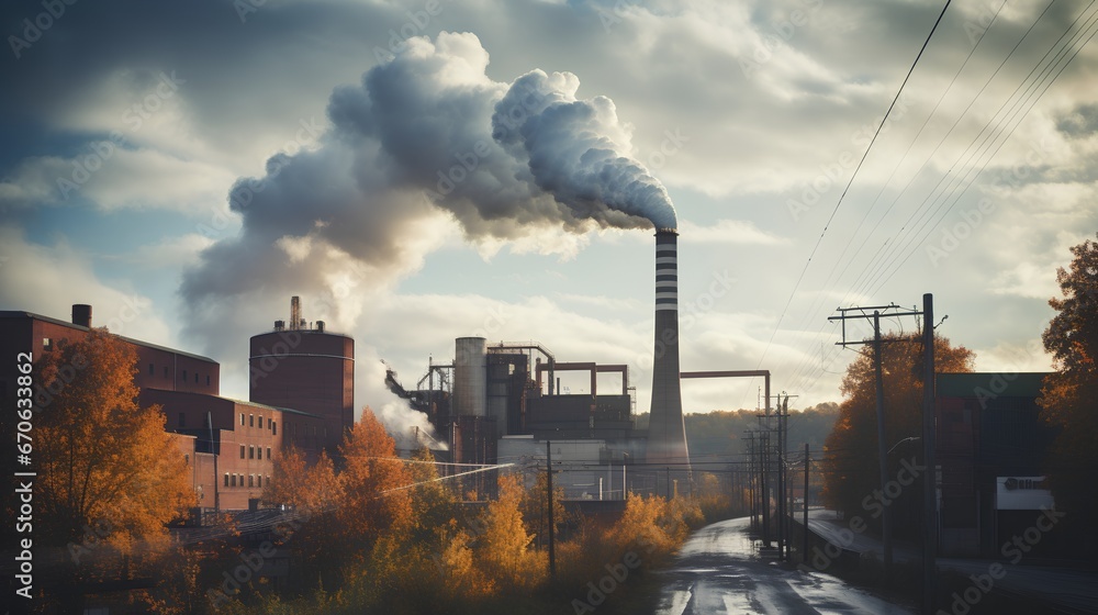 Industrial power plant with thick CO2 smoke from chimney. Pollution and ...