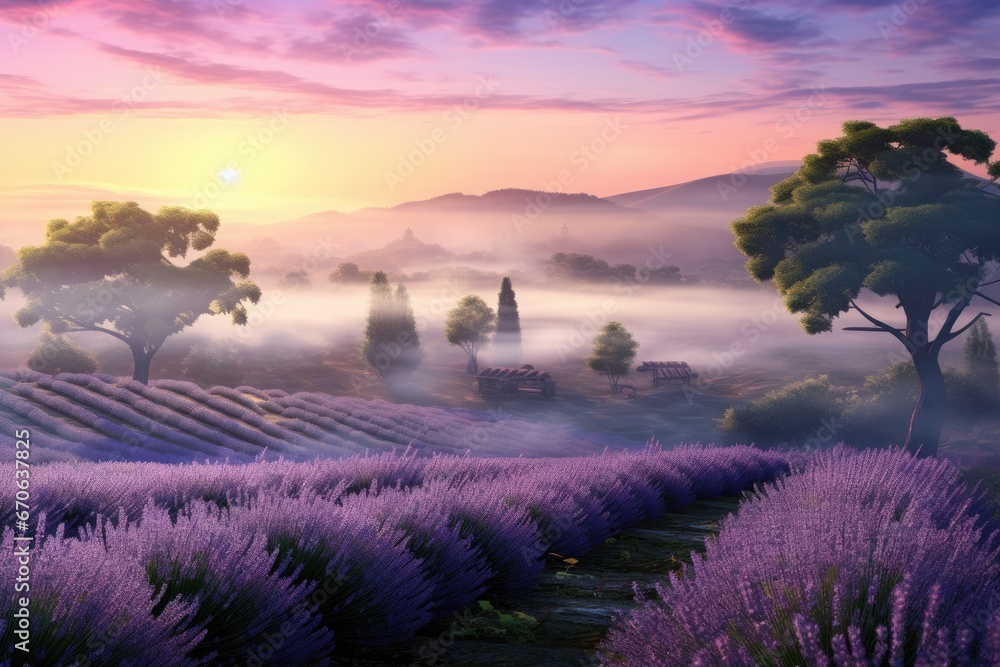 Sunrise over lavender fields with prominent tree and rolling hills in ...