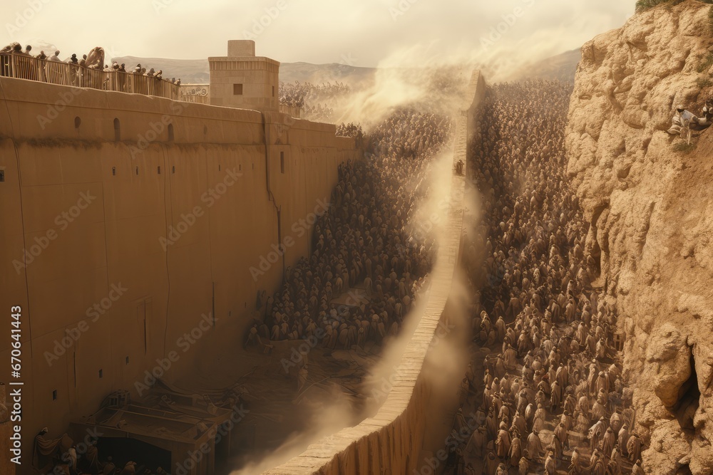 The Battle of Jericho. The walls of Jericho collapsing as the ...