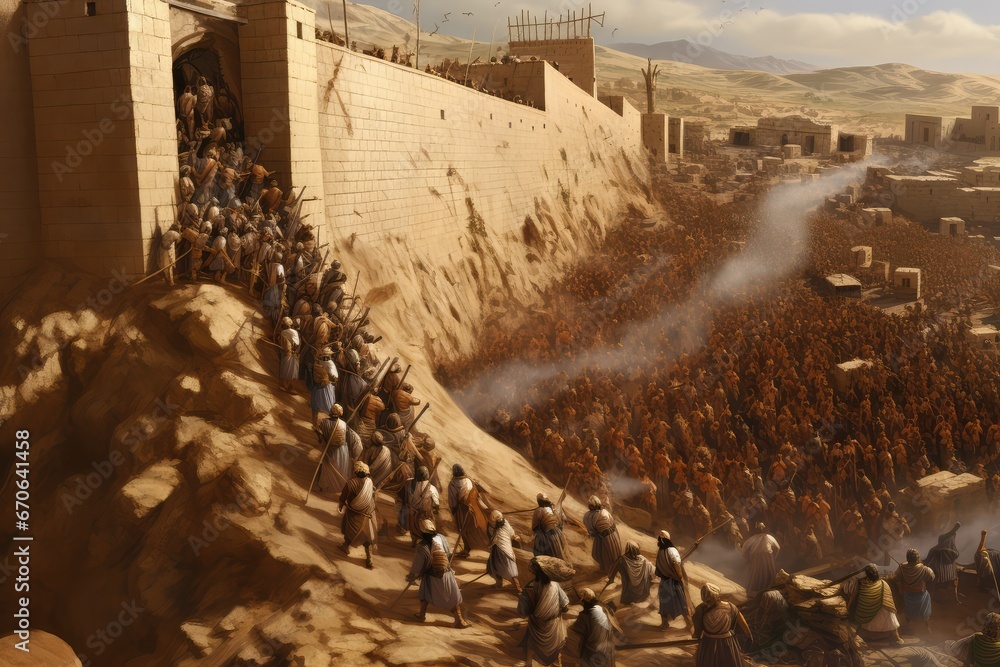 The Battle of Jericho. The walls of Jericho collapsing as the ...