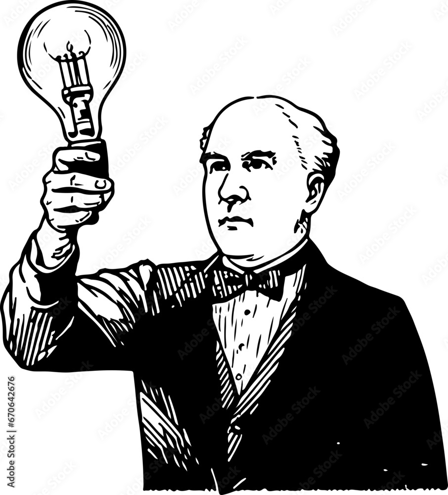 Cartoon character of Thomas Edison holding a light bulb outline Stock ...