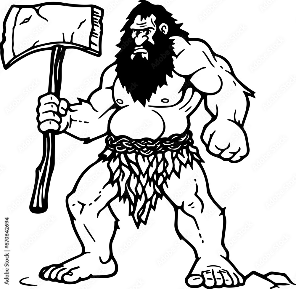 Cartoon caveman holding stone axe outline Stock Vector | Adobe Stock