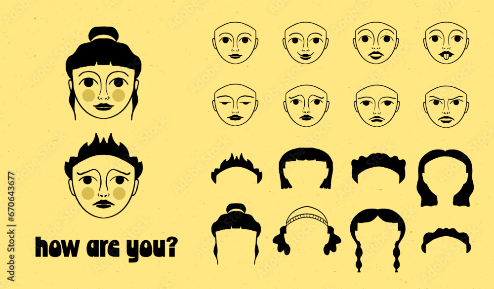 Kids emotions, face illustration set, hand drawn mood expression ...