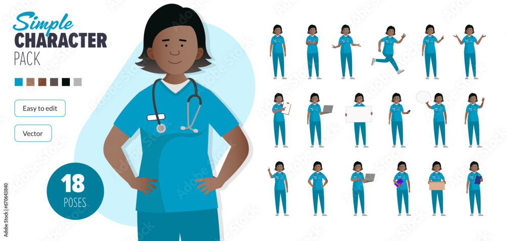 Simple flat 2d black female nurse woman vector character in a set of ...