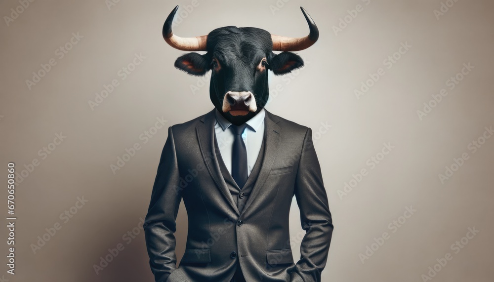 Business bull concept: Confident alpha male with bull head, sharp suit ...