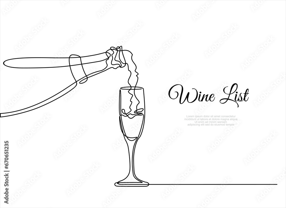 Wine list. Continuous One line drawing of Prosecco glass. The process ...