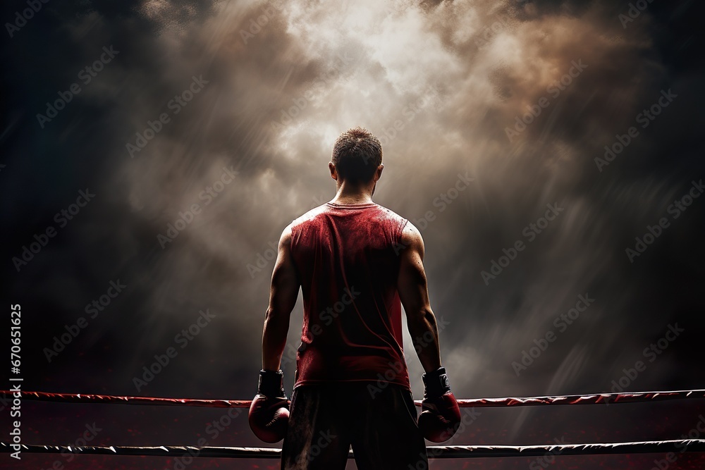 A Man Boxing with Red Gloves in the Rain at a Ring under the Dramatic ...