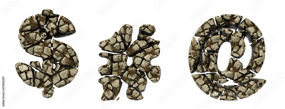 Alphabet made of stone. Characteres arroba, dollar sign, hash tag, with ...