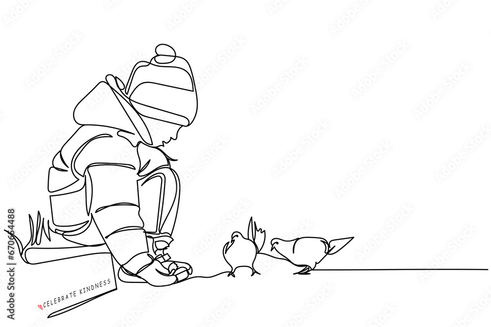 A young boy playing with birds and feeding them his rusk. Celebrate ...