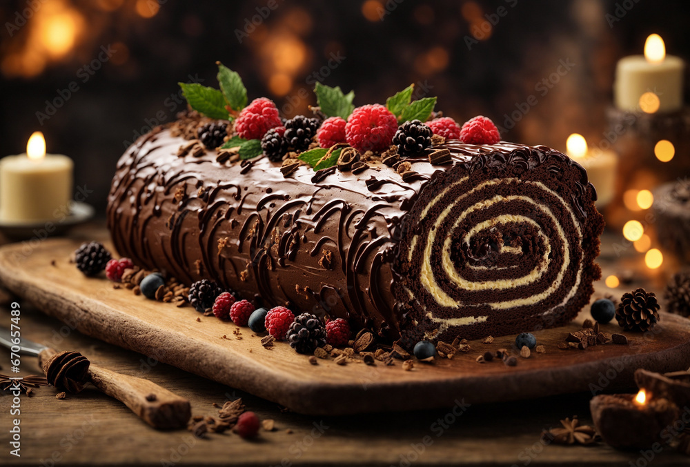 Yule Log Cake. A festive dessert made to resemble a yule log, sponge ...