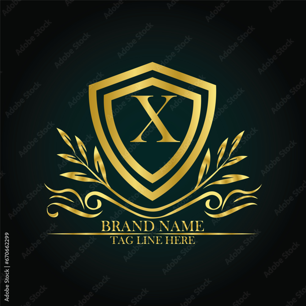 X luxury letter logo template in gold color. Elegant gold shield icon ...