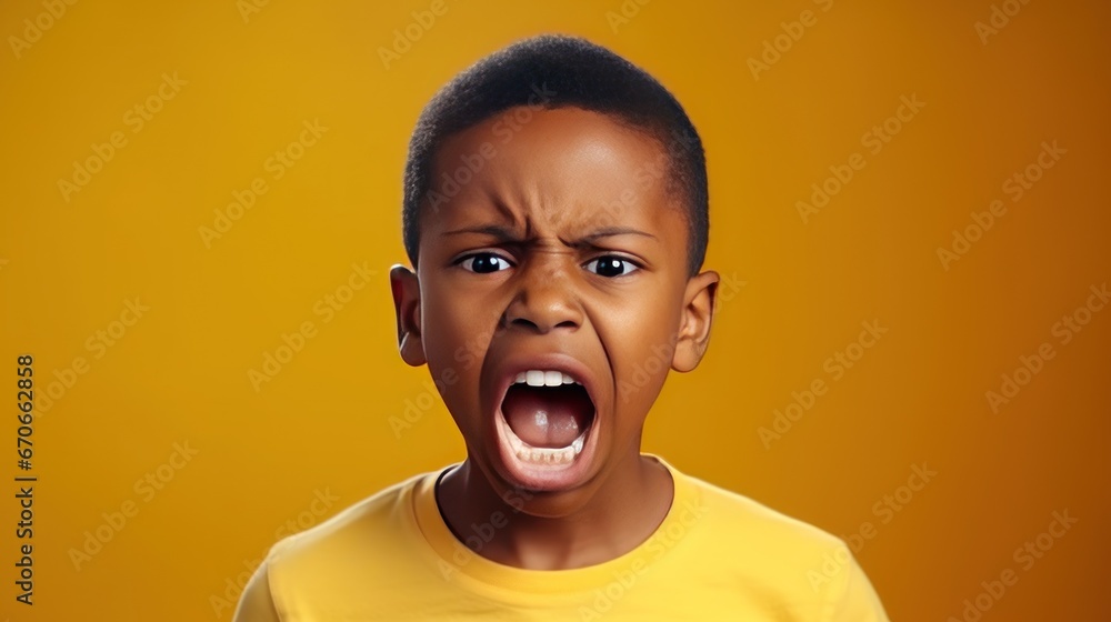 Angry irritated African American boy on yellow background. Full of rage ...