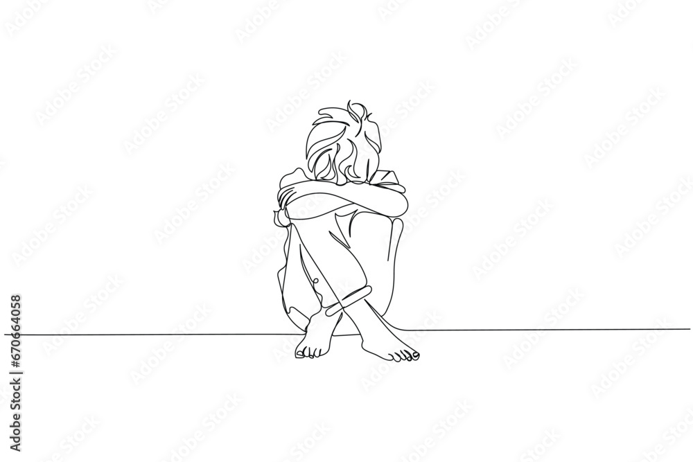 Continuous line art of a kid holding an empty plastic bowl. Hunger and ...
