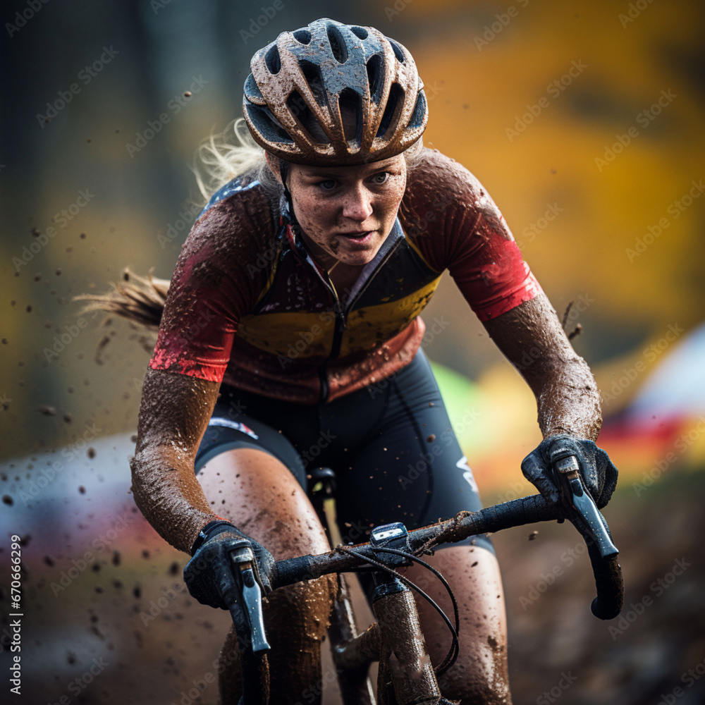 Professional cyclist woman with a look of effort during a cyclocross ...