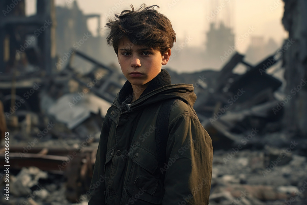 Children at war. Little boy stands among the ruins of destroyed ...