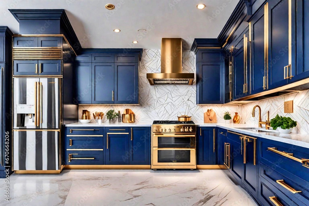 mid-shot of contemporary luxury kitchen with gold hardware, navy blue ...