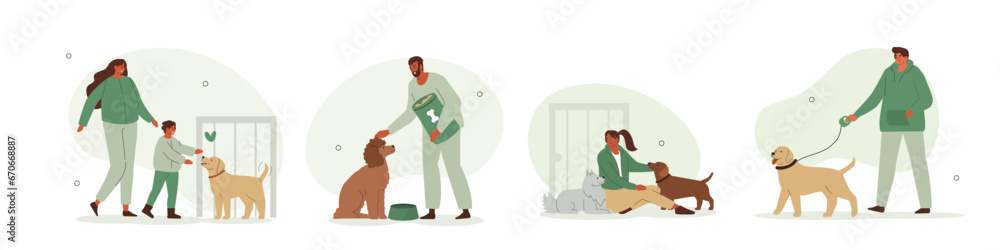 Volunteers feed, help and take care of stray dogs in shelter. People ...