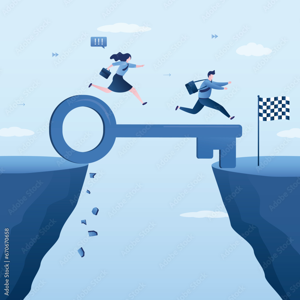 Smart business people run on giant key to success cross gap over abyss ...