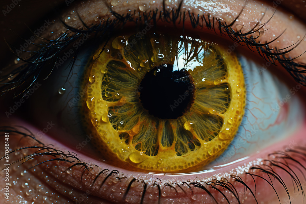 Surreal photo of an eye with a lemon slice as the iris. Stock ...
