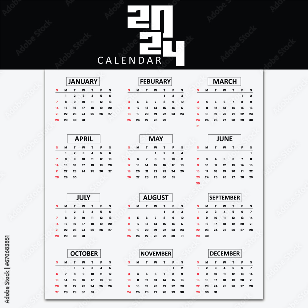 vector calendar Monthly calendar template for 2024 year, Simple planner ...