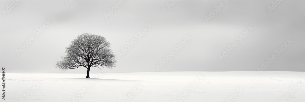 Minimalist black and white, silhouette of a single tree in a snowfield ...
