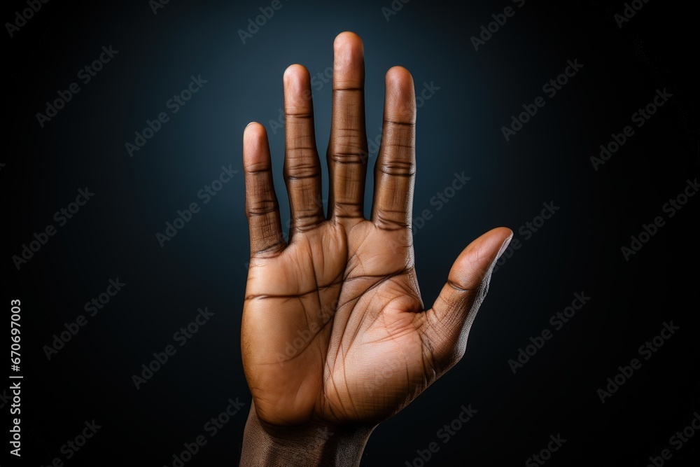 Open hand making stop gesture, black background. Generative AI Stock ...