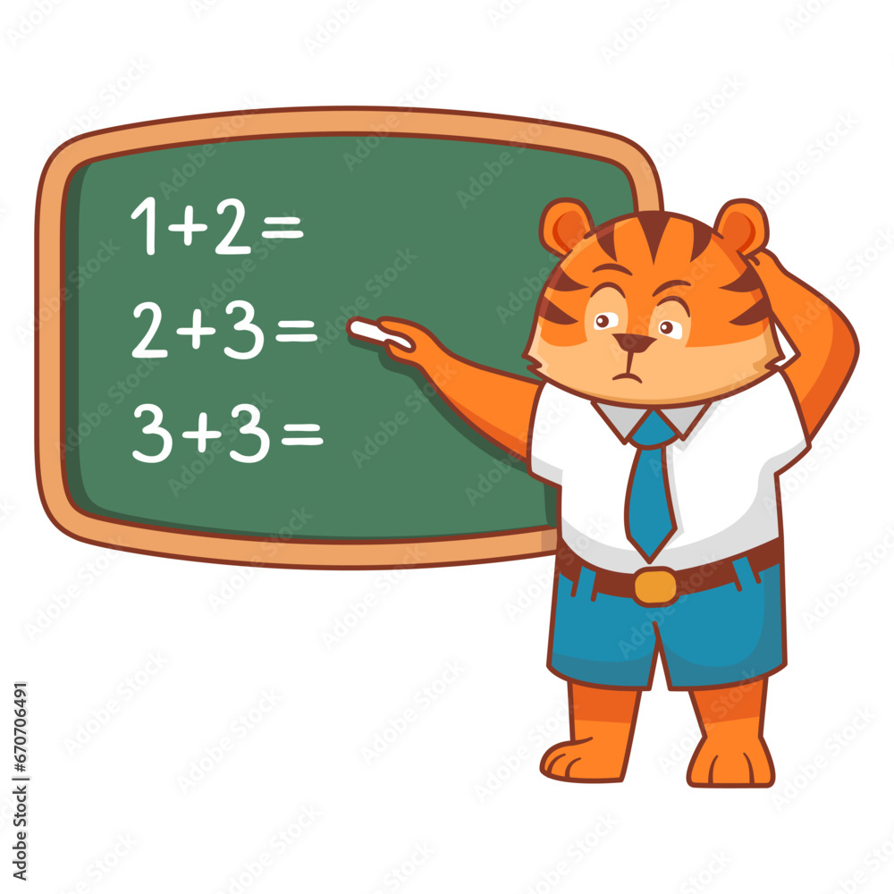 Children tiger thinking idea and chalkboard.A student solves a math ...
