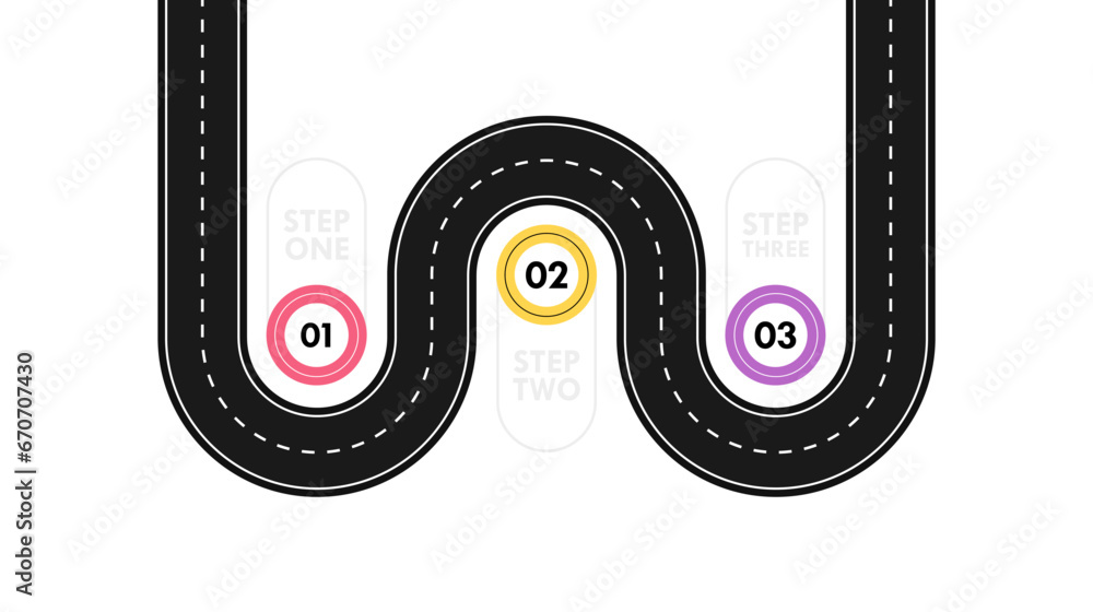 Route infographic template. Winding asphalt road map with three steps ...
